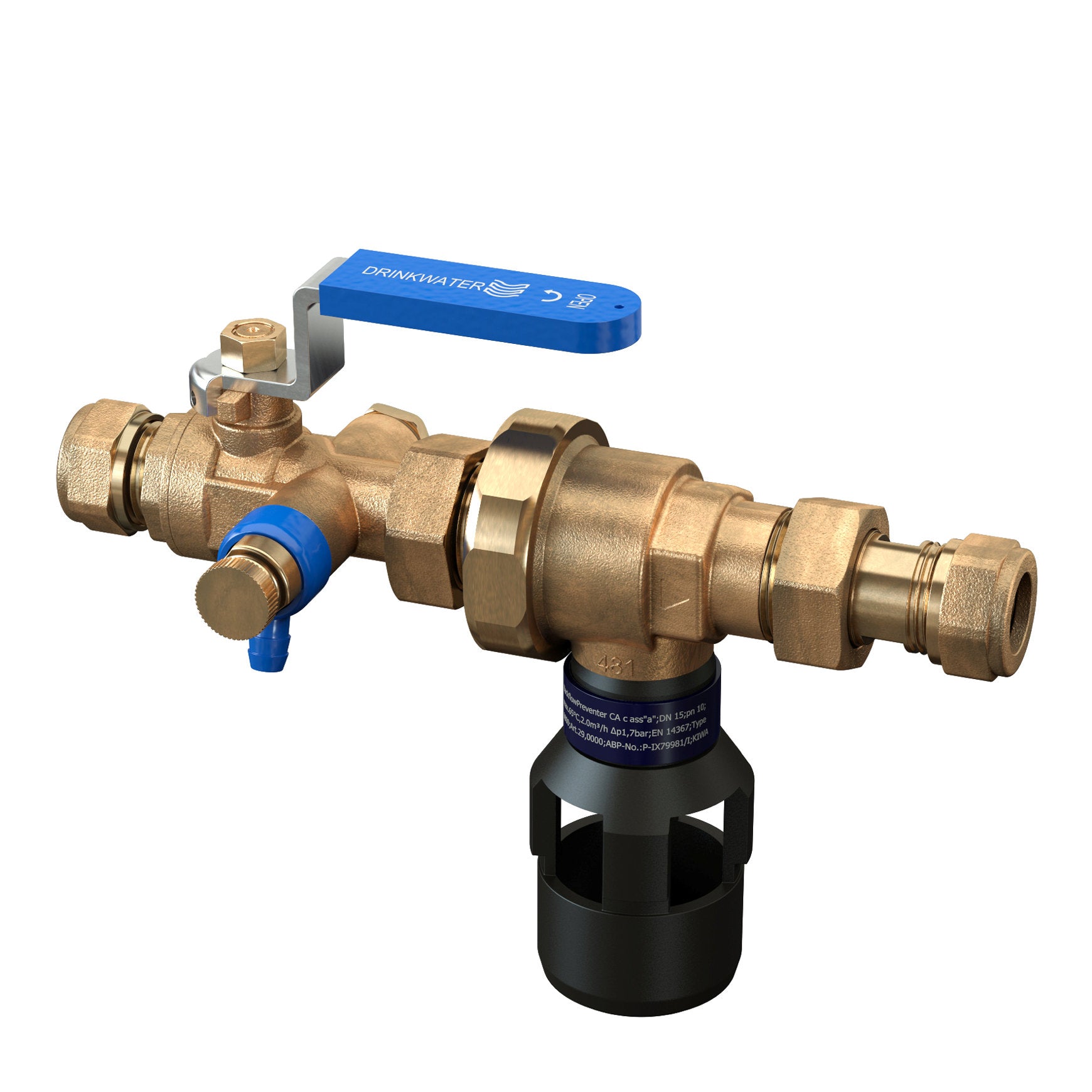 RAM brass backflow protection, type TBE-CA, KIWA, including ball valve ...